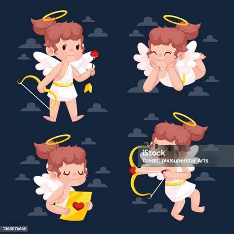 그라데이 발렌타인 데이 큐피드 캐릭터 컬렉션 디자인 벡터 일러스트 디자인 벡터 일러스트 2월에 대한 스톡 벡터 아트 및 기타