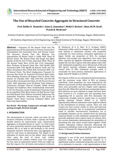 The Use Of Recycled Concrete Aggregate In Structural Concrete Pdf