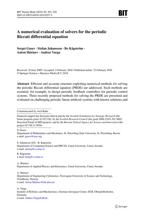Pdf A Numerical Evaluation Of Solvers For The Periodic Riccati Differential Equation
