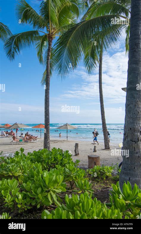 Honolulu Hawaii Oahu Waikiki Beach With Tourists On Wonderful Beach With Water And Sand Stock