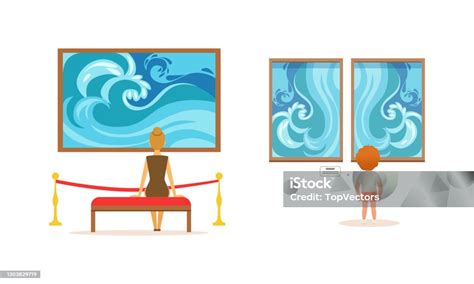 전시회에서 그림을 보는 사람들의 백뷰 미술관 또는 박물관 만화 벡터 일러스트레이션에서 전시를 보는 방문객 고대의에 대한 스톡 벡터 아트 및 기타 이미지 Istock