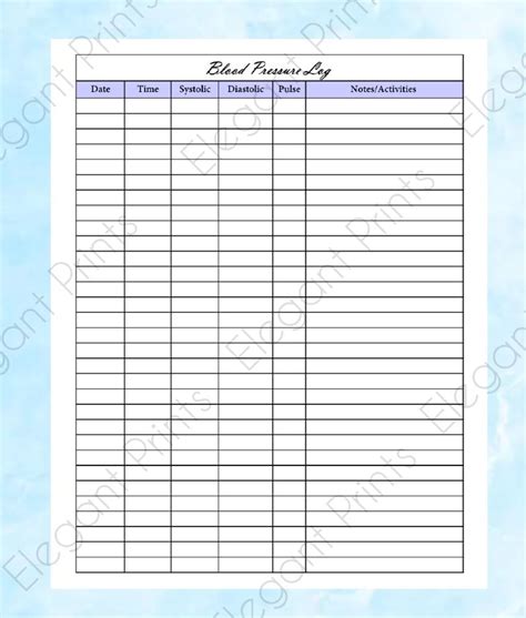Blood Pressure Log Digital Download Pdf Etsy