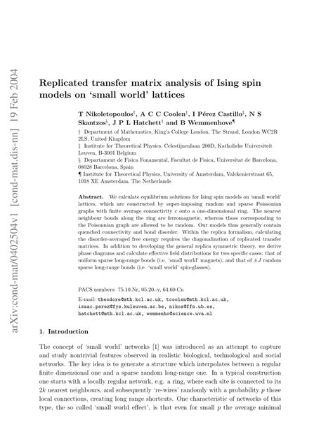 Pdf Replicated Transfer Matrix Analysis Of Ising Spin Models On