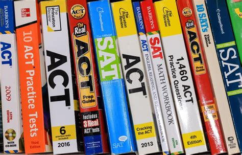 Row Of ACT And SAT Books Contain Standardized Practice Tests For