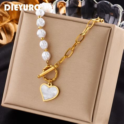 Dieyuro 316l Stainless Steel Pearl Heart Pendant Necklace For Women