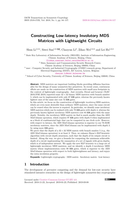 PDF Constructing Low Latency Involutory MDS Matrices With Lightweight Circuits