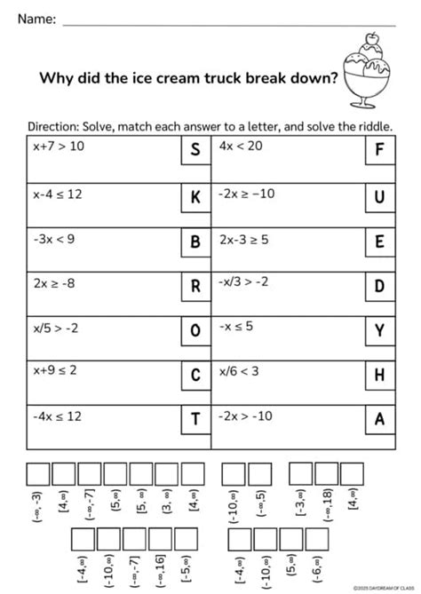 Solving One Step Inequalities Math Worksheet Riddle Activity Tpt
