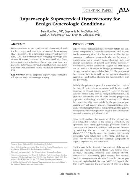 Pdf Laparoscopic Supracervical Hysterectomy For Benign Gynecologic