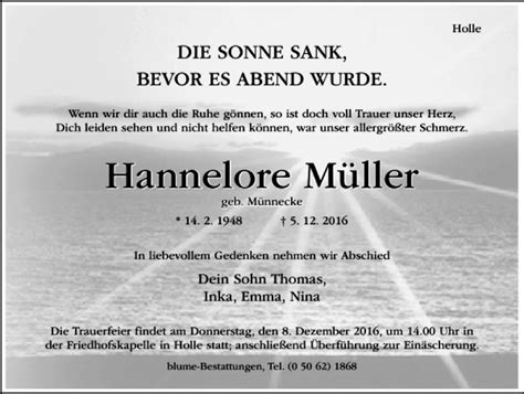 Traueranzeigen von Hannelore Müller Trauerportal Hildesheimer Allgemeine Zeitung
