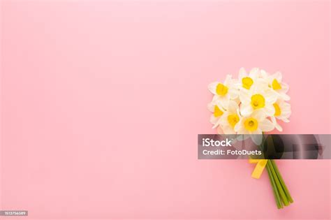 밝은 분홍색 테이블 배경에 노란 리본이 있는 아름다운 신선한 흰색 수선화 꽃다발 파스텔 색상 근접 촬영 축하 개념입니다 텍스트 인용문 또는 속담을 위한 빈 공간 하향식 보기