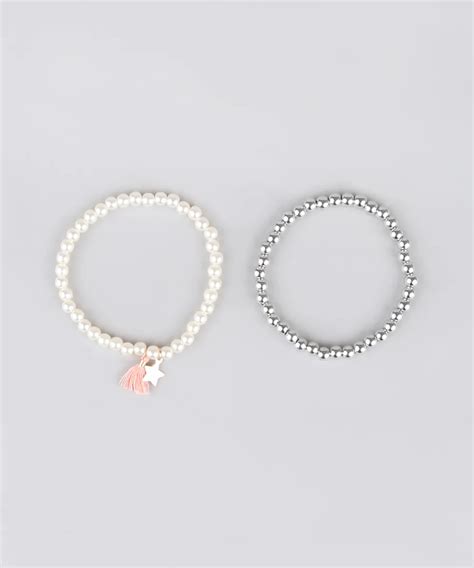 Kit De 2 Pulseiras Femininas De Bolinha Tassel E Estrela Multicor