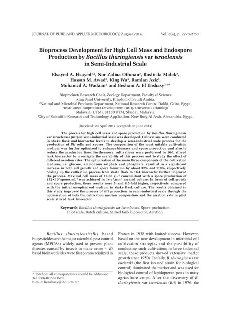 Pdf Bioprocess Development For High Cell Mass And Endospore