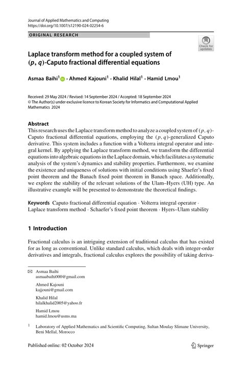 Pdf Laplace Transform Method For A Coupled System Of P Q Caputo Fractional Differential