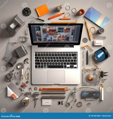 Knolling Of Software Developer Tools Laptop In Center Light Background