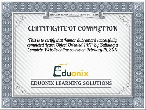 Completion Certificate For Learn Object Oriented Php By Building A