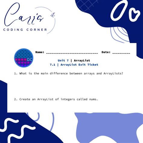 Ap Computer Science A Unit 7 Arraylists Exit Tickets By Carrs Coding Corner