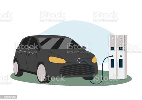 플러그 인 케이블로 충전기 스테이션에 현대적인 전기 스마트 Suv 자동차 충전 주차장이 있습니다 스포츠 유틸리티 자동차에 대한 스톡 벡터 아트 및 기타 이미지 Istock