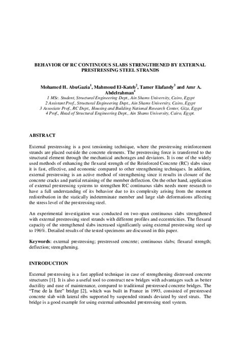 (PDF) BEHAVIOR OF RC CONTINUOUS SLABS STRENGTHENED BY EXTERNAL PRESTRESSING STEEL STRANDS