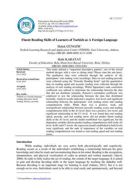Pdf Fluent Reading Skills Of Learners Of Turkish As A Foreign Language