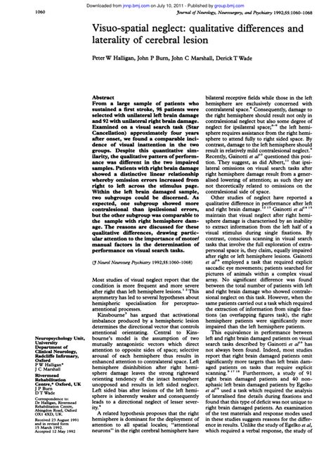 Pdf Visuo Spatial Neglect Qualitative Differences And Laterality Of