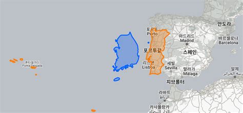 포르투갈 Vs 한국 비교땅 면적 지도 비교 인구수