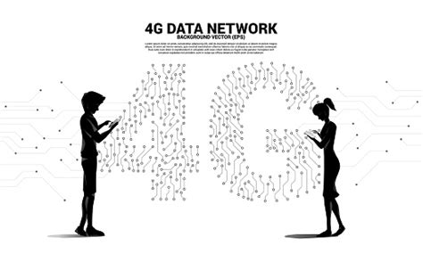 남자의 실루엣은 4g 도트 연결 라인 회로 기판 스타일의 모바일 데이터 아이콘과 휴대 전화를 사용합니다 4g에 대한 스톡 벡터