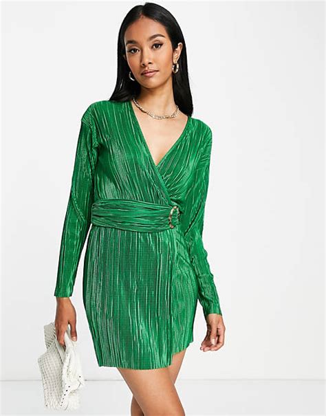 Asos Design Plisse Wrap Mini Dress With Tortoise Shell Trim In Green Asos