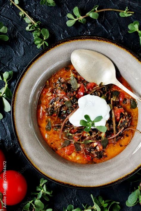 Dish Of Purslane Potulak Edible Useful Weed Stalks Of Purslane Stewed