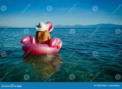 Floatie Flamingo On Luxury Sand Beach In Borik Zadar Croatia Royalty
