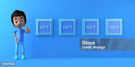 비 곰팡이 토큰의 디지털 아트 갤러리에서 엄지 손가락을 가진 아이 Nft 공간을 복사합니다 3d 일러스트레이션 만화 대체 불가 토큰에 대한 스톡 사진 및 기타 이미지