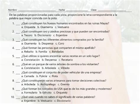 Collective Nouns Multiple Choice Spanish Worksheet Teaching Resources