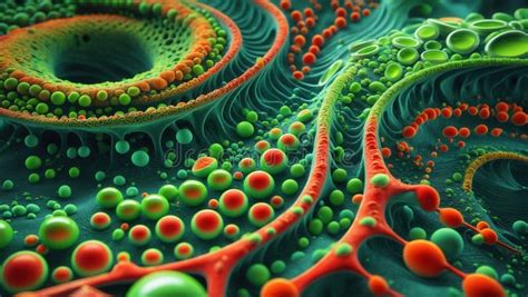 Abstract Microscopic View Of Colorful Organic Structures With Green And Orange Spherical Shapes