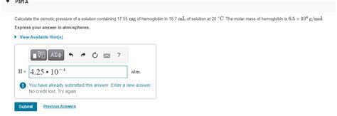 Solved Calculate The Osmotic Pressure Of A Solution Chegg Com