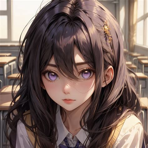 Anime Girl With Dark Brown Hair And Purple Eyes
