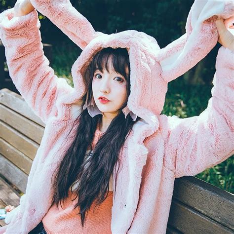 Kawaii Bunny Hooded Pink Winter Coat Kuru Store Bunny Fur Coat