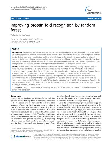 Pdf Improving Protein Fold Recognition By Random Forest