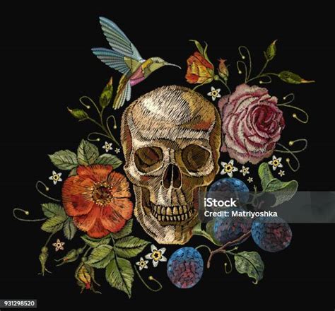 자 수 해골 장미 포도 허 밍 버드와 꽃 디 아 드 안 돼 예술 죽음의 날 고딕 양식의 자 수 인간의 두개골과 빨간 장미 옷 템플릿 및 T셔츠 디자인 두개골에 대한 스톡