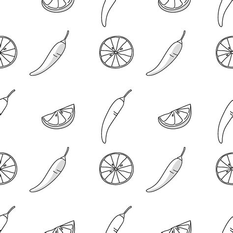 Seamless Pattern With Slice Lime And Chillies Outline Hand Drawn