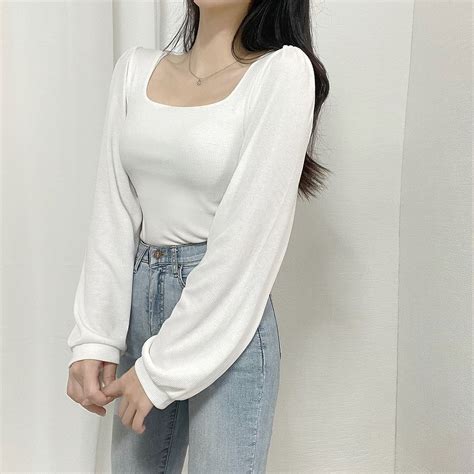 속옷비침x 퍼프 스퀘어넥 골지 쫀쫀 셔링 러브 긴팔티셔츠