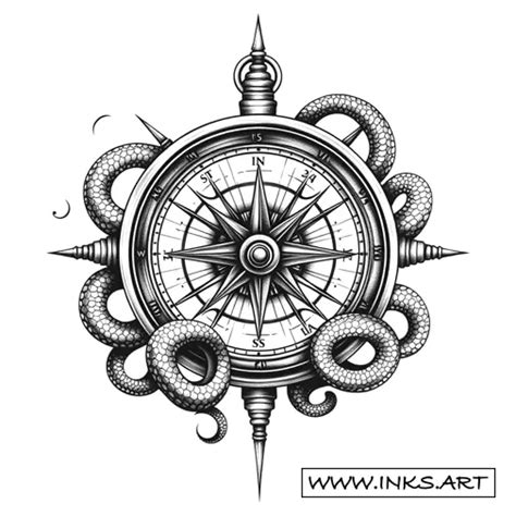 Tattoo Design Kraken Pirate Ship Compass Art Style Blackwork
