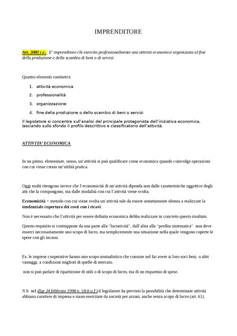 Riassunto Sullimprenditore Dal Manuale Appunti Di Diritto Commerciale