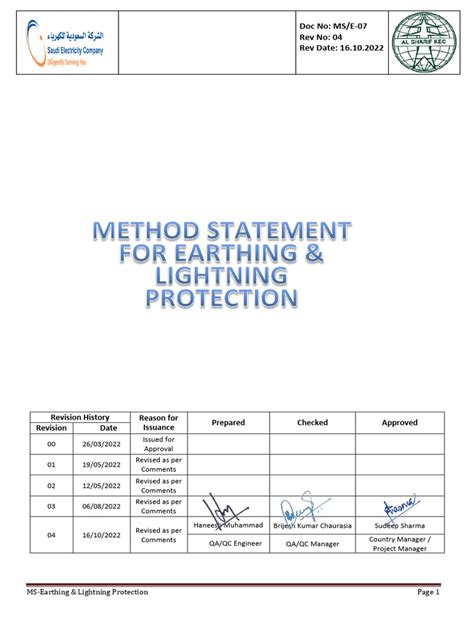 E 7 Method Statement For Earthing And Lightning Protection Pdf