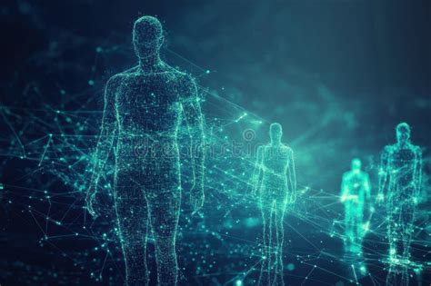 Exploring An Abstract Digital Realm With Human Silhouettes And Floating