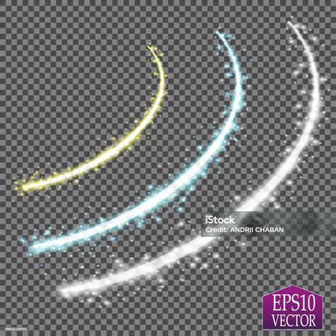 마법의 불꽃 소용돌이 흔적 효과 투명 한 배경에 고립 적 열 집합입니다 반짝 플래시 빛 비행 Bokeh 반짝이 웨이브 라인 벡터 일러스트 레이 션 개체 그룹에 대한 스톡