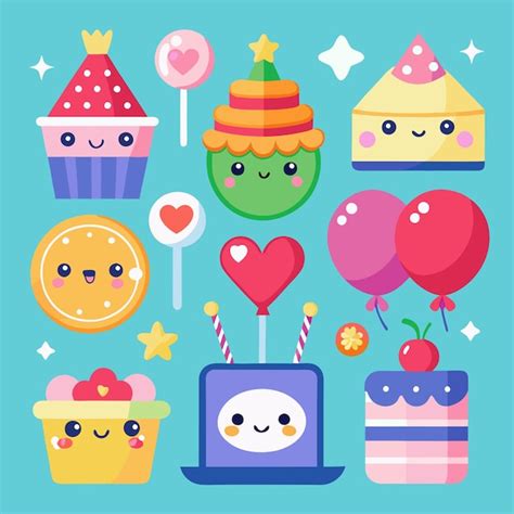 Cute Cartoon Birthday Party Icons With Cakes Cupcakes Balloons