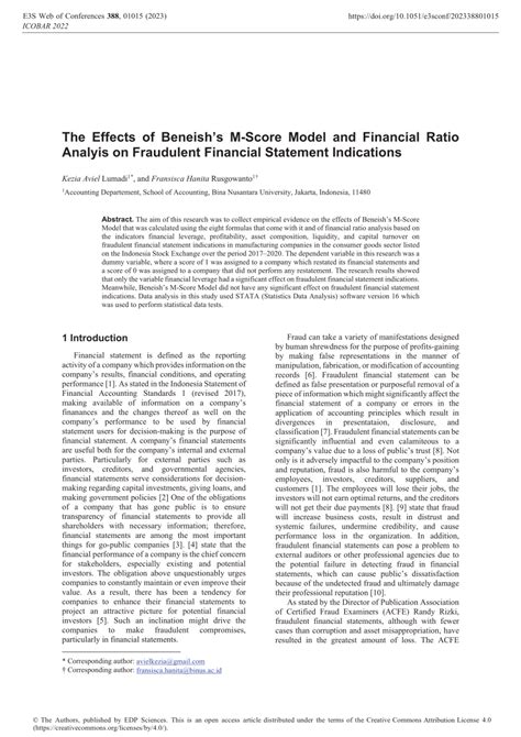 Pdf The Effects Of Beneishs M Score Model And Financial Ratio