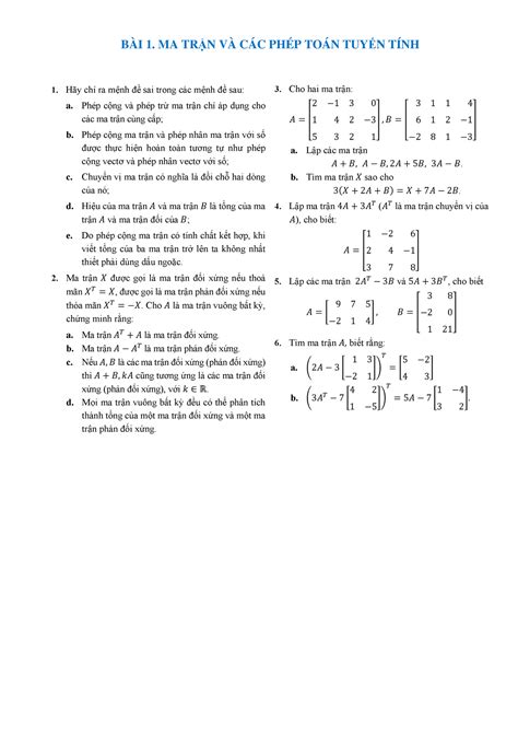 Bài Tập C2 Đại Số Ma Trận BÀi 1 Ma TrẬn VÀ CÁc PhÉp ToÁn TuyẾn TÍnh 1 Hãy Chỉ Ra Mệnh đề