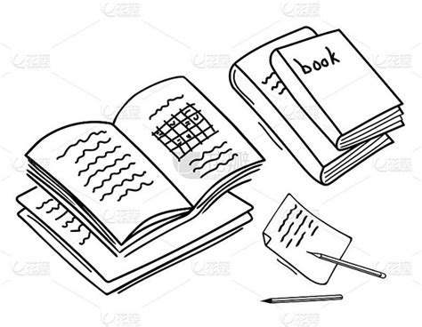 打开笔记本或课本，用钢笔和铅笔写一页笔记。手绘矢量插图涂鸦风格。学习的概念，学习，知识。黑色的轮廓孤