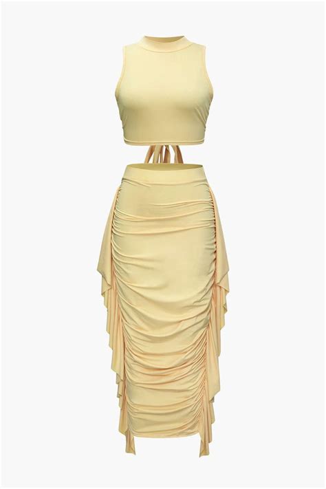 Tie Back Tank Top And Ruched Ruffle Skirt Set Skirt Set Ruffle Skirt