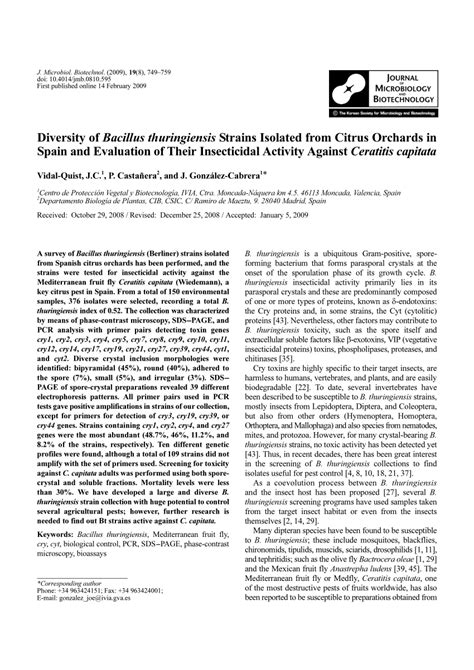 Pdf Diversity Of Bacillus Thuringiensis Strains Isolated From Citrus